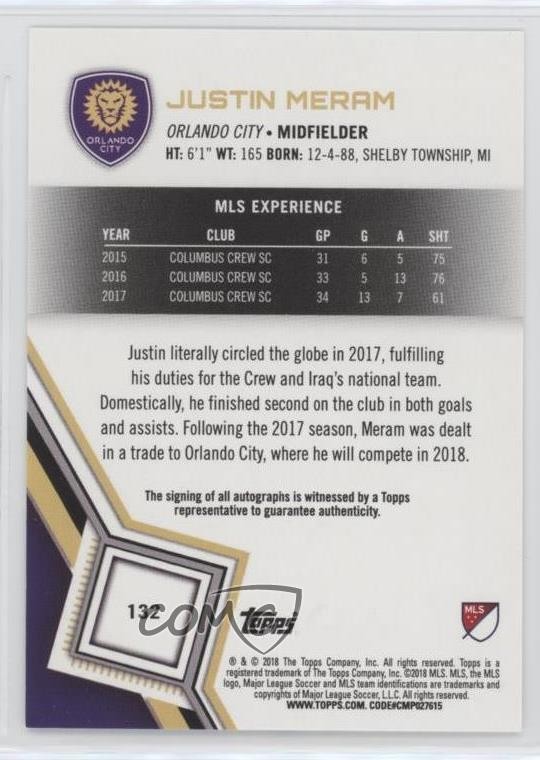 2018 Topps MLS Base Auto Justin Meram #132 Auto | eBay