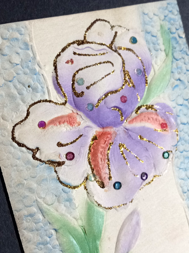 Birthday Greetings Purple Flower Airbrushed Embossed Mica Glitter ...