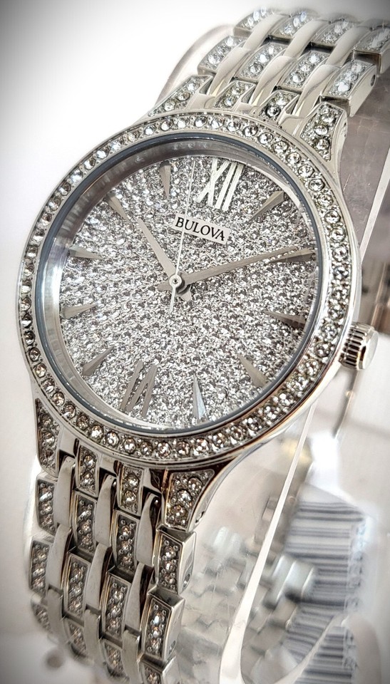 BULOVA $495 WOMEN'S DAZZLING CRYSTALS SILVER PAVÉ DIAL DRESS 32MM WATCH ...