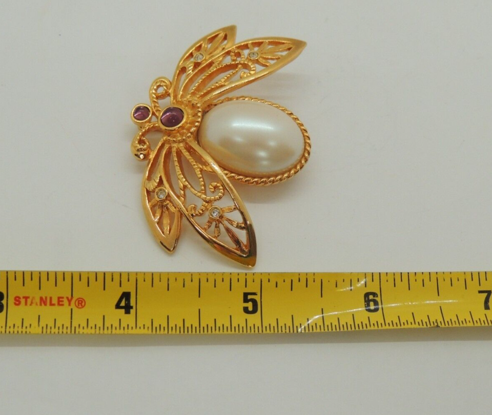 Vintage AVON Moth Insect Brooch Faux Pearl Purple & Clear Rhinestones ...
