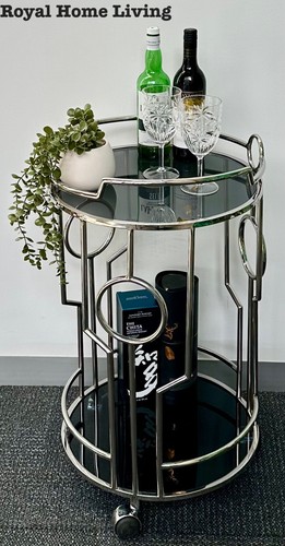 DRINKS TROLLEY BAR CART ROUND STAINLESS STEEL SILVER WINE WHISKEY ...