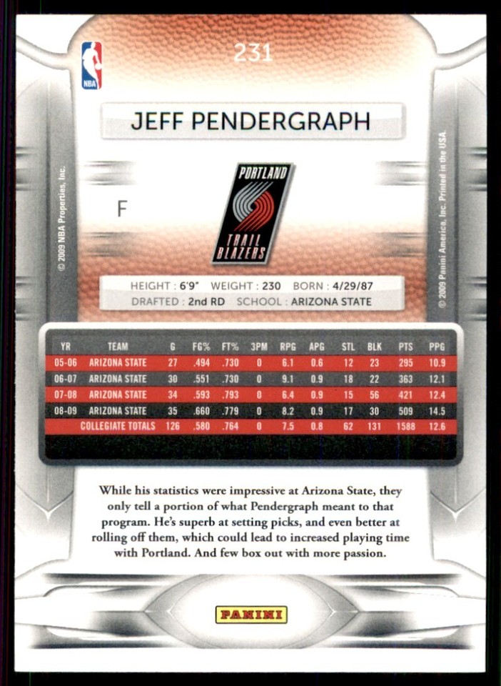 2009-10 Panini Prestige Jeff Pendergraph Rookie Portland Trail Blazers ...