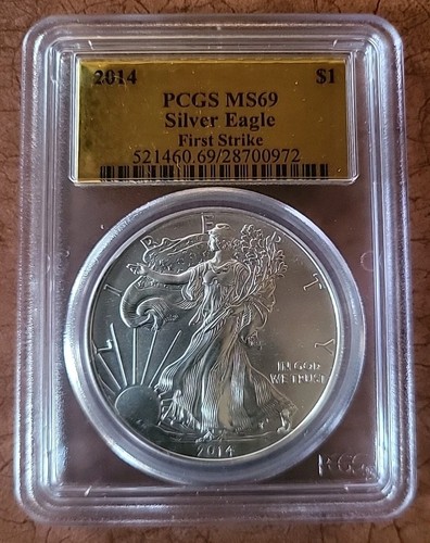 2014-SILVER AMERICAN EAGLE PCGS MS-69 FIRST STRIKE GOLD LABEL VERY NICE ...