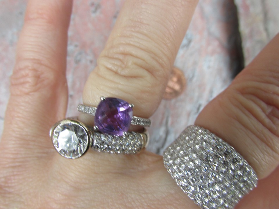 (1) 14 KT White Gold Purple Amethyst & Pave Round Diamond Ring Estate ...