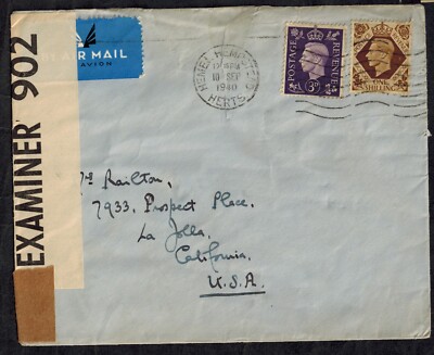 WWII England 1940 Censor Cover w/ Tape 902 Type 1F UK to La Jolla, CA ...