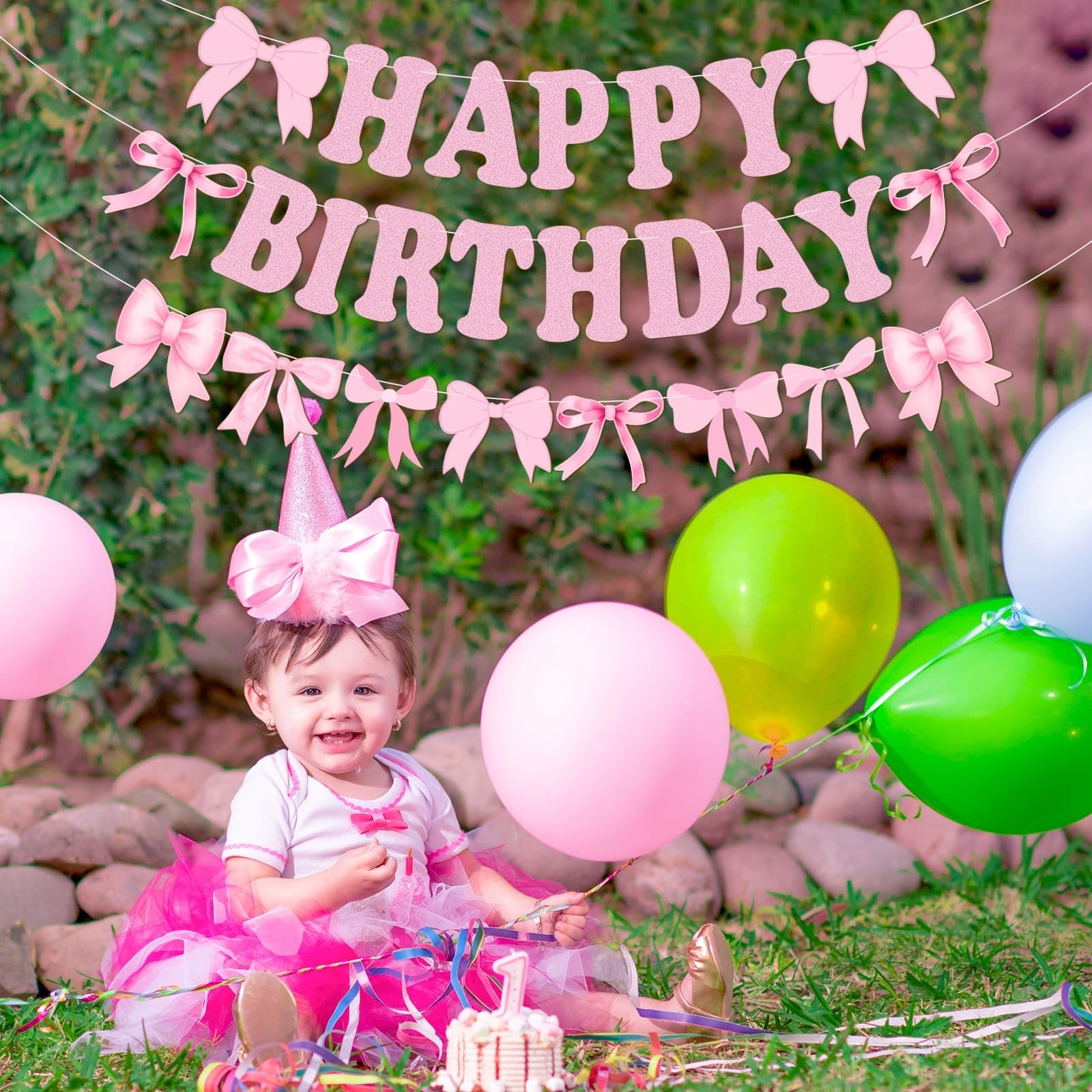 Bow Happy Birthday Banner Garland, Pre-Strung Pink Coquette Bow ...