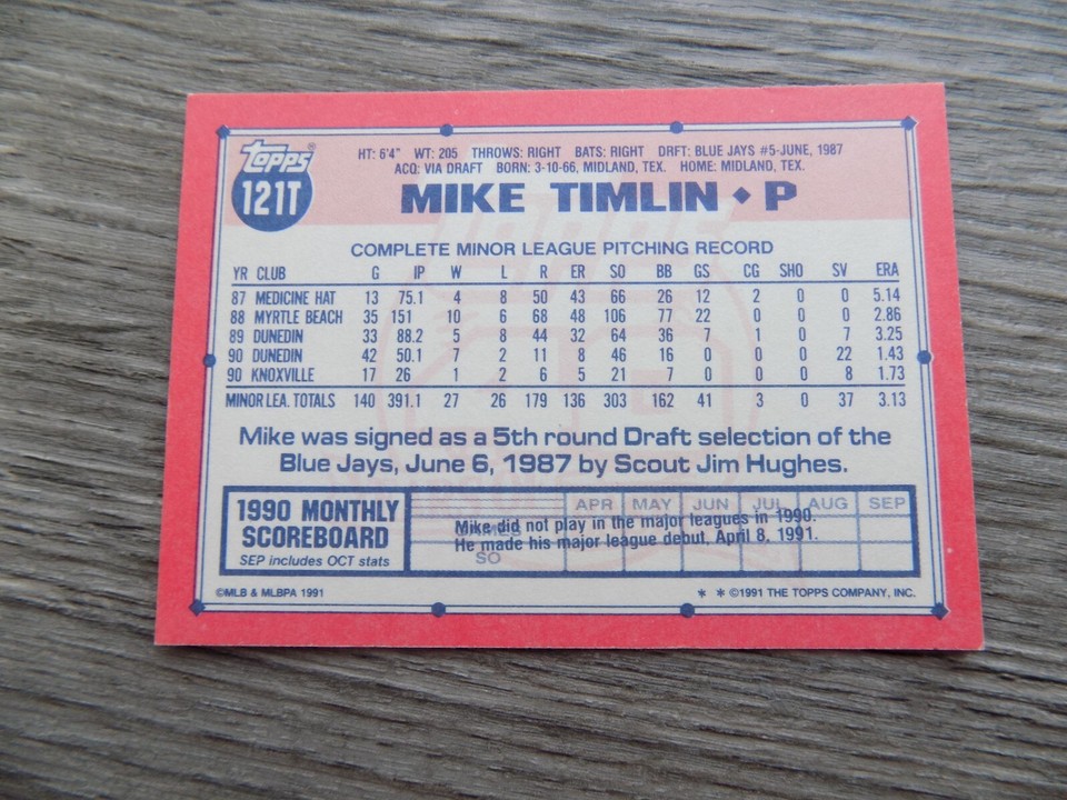 1991 TOPPS TRADED #121 MIKE TIMLIN TORONTO BLUE JAYS SIGNED AUTOGRAPHED ...