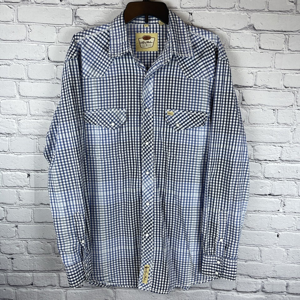 Larry Mahan Shirt Men Large Blue Gingham Abstract Long Sleeve Pearl ...