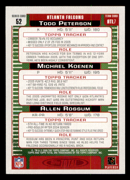2006 Topps Total Allen Rossum / Todd Peterson / Michael Koenen #52 ...