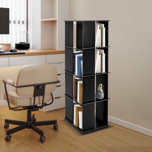 Black Bookcase Storage Shelf 360° Rotating Bookshelf Freestanding ...