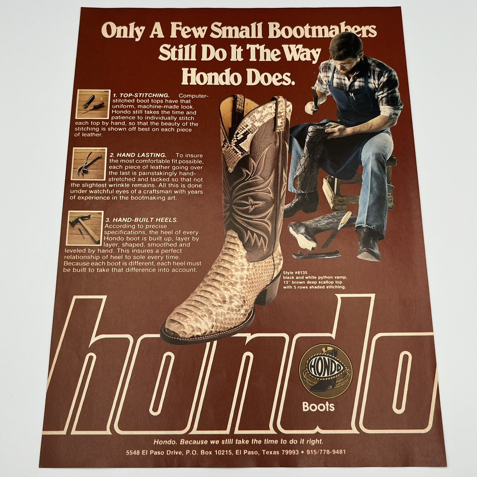 Hondo Boots 1985 Vintage Print Ad 8"x11" black and white python vamp ...