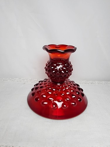 Vtg FENTON Ruby Red Amberina Hobnail Taper Candle Holder Glows Glowy Glass | eBay