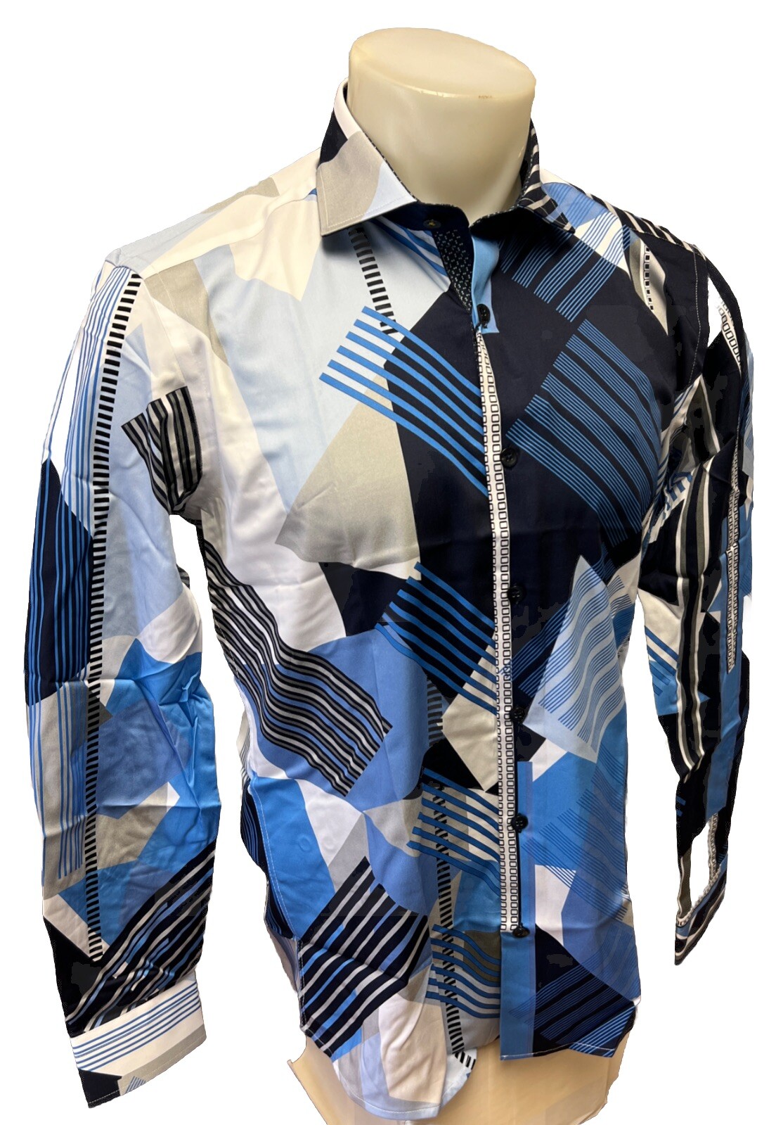 Mens STEELO COLORFUL Long Sleeve Button Up Dress Shirt Blue ABSTRACT ...