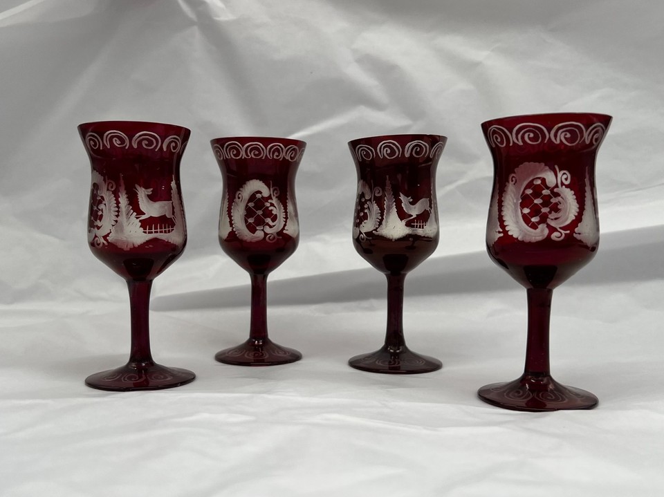 Antique Bohemian Ruby Red Cordial Glass Set of 4 | eBay