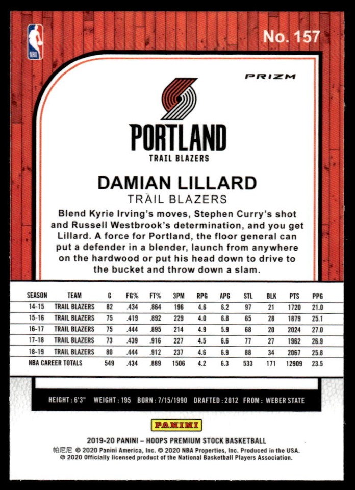 2019 Hoops Premium Stock #157 Damian Lillard Blue Ice Prizm | eBay