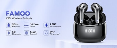 FAMOO Wireless Earbuds, Wireless Earphones Bluetooth 5.3, 52H Playtime ...