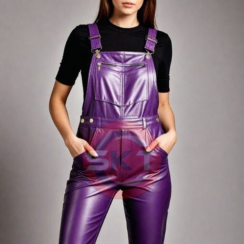 Women Genuine Leather Purple Bib Overall Dungaree Zip Pocket Jumpsuit ...