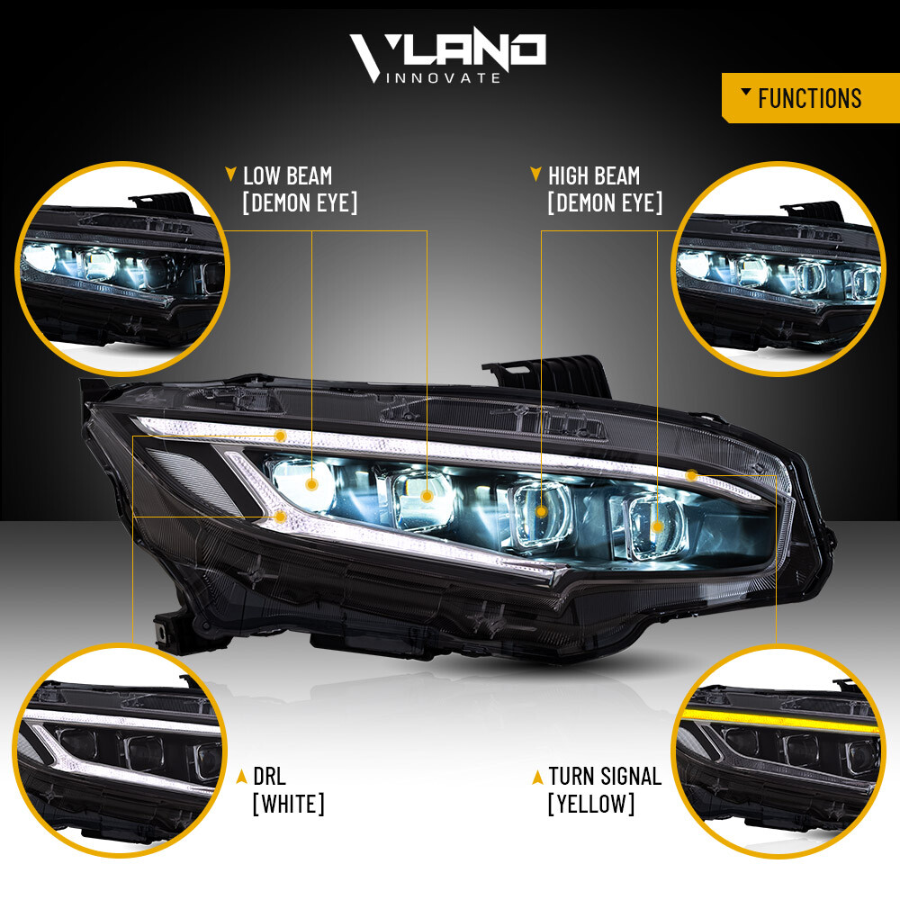 VLAND LED Projector Red Demon Eye Headlights For Civic 2016-2021 W ...