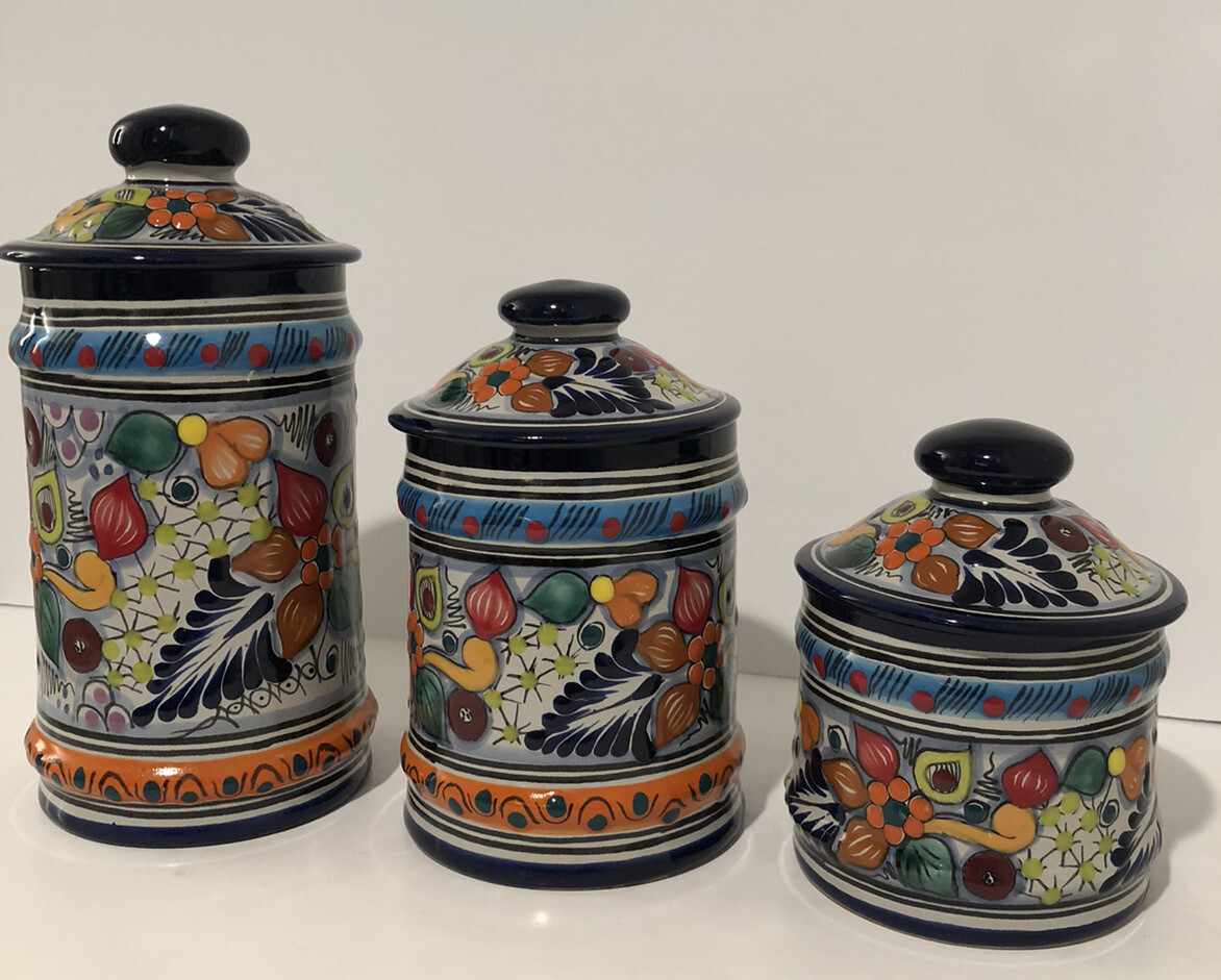 Handpainted Cantor La Corona Family Talavera 3 Piece Set Canister jar ...