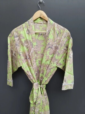 Indian Robe Gown Dress Green Cotton Long Kimono Floral Print Women ...