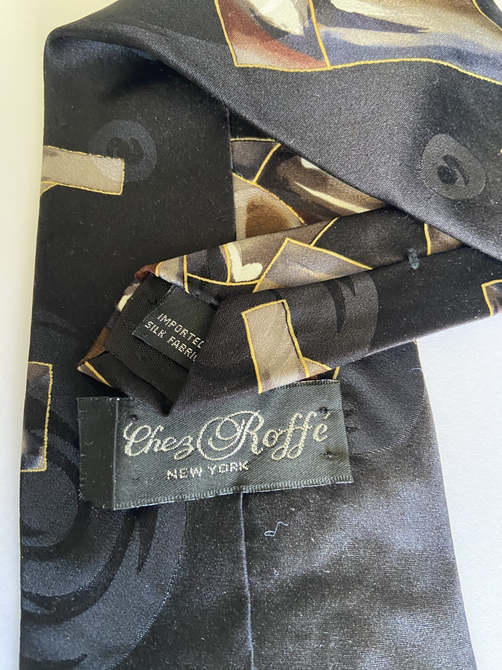CHEZ ROFFE Vtg Black Brown Geometric Silk NECKTIE TIE | eBay