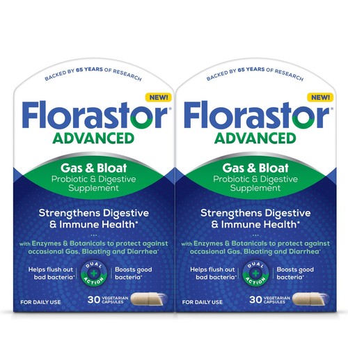 Florastor Advanced Gas & Bloat Probiotic, Enzymes, Botanicals, 2x30 ...
