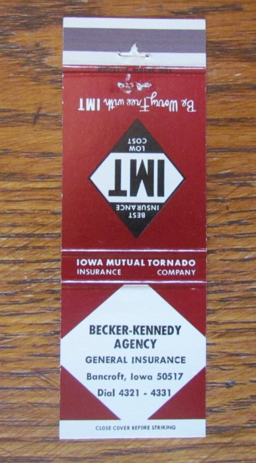 BANCROFT, IOWA MATCHBOOK COVER: BECKER-KENNEDY INSURANCE AGENCY ...