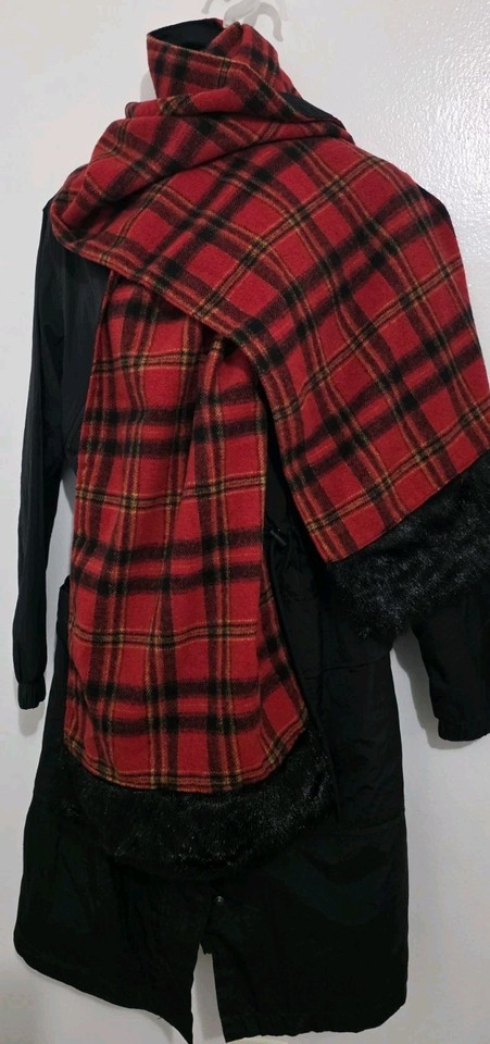 New Faux Fur Trimmed Red Black Plaid Scarf 73x14" Soft Preppy Classic ...