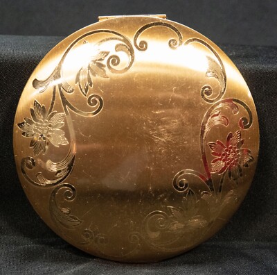 Vintage Elgin American Round Gold Tone Powder Compact Mirror Floral ...