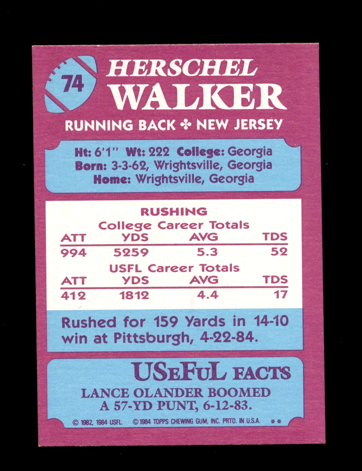 1984 Topps USFL #74 Herschel Walker New Jersey Generals NM NICE CARD | eBay