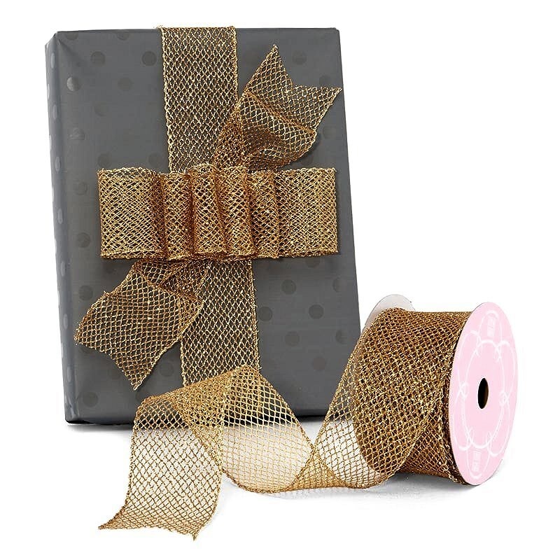 Ribbon, Wired Mesh, 10 Yard Spool 2 1/2" Wide Metallic Gold Polyester ...
