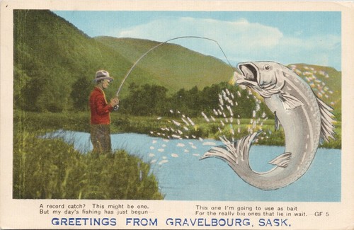 Gravelbourg SK Exaggeration Giant Fish Fisherman Photogelatine Postcard ...