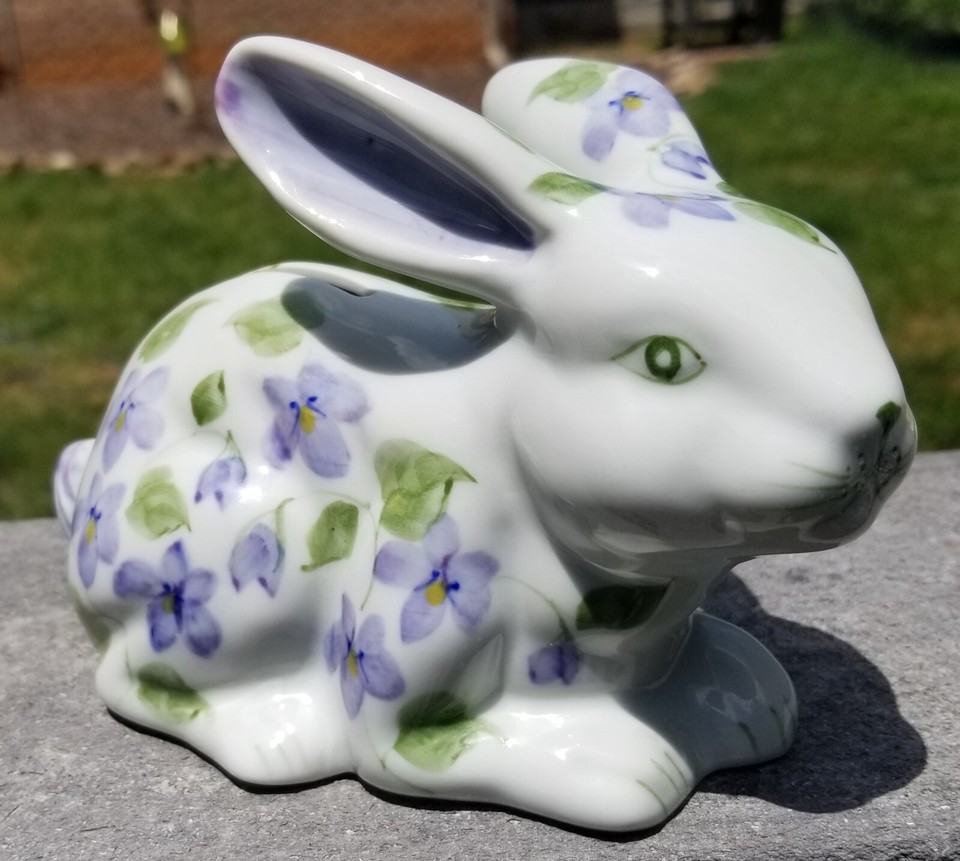 ANDREA BY SADEK: PORCELAIN BUNNY RABBIT COIN BANK 6.25" WHITE PURPLE ...
