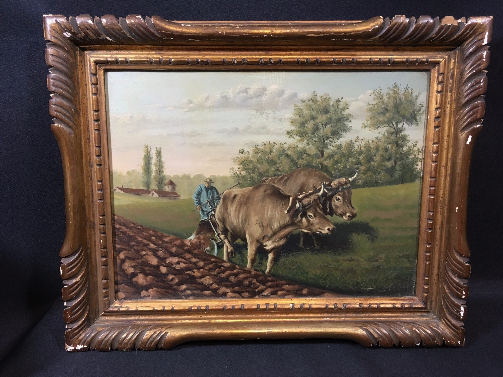 SCÈNE AGRICOLE 19èm tableau ancien peinture France vache bœuf charrue ...