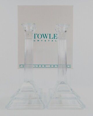 Set of 2 Towle Lead Crystal Georgian Candle Holders 10 " Tall - New w ...