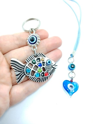 Heart Evil Eye Glass Bead Car Decor + Fish Key Chain Turkish Handmade ...
