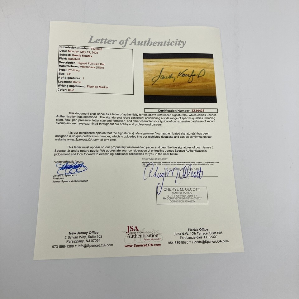 Sandy Koufax Signed Adirondack Baseball Bat JSA COA | eBay