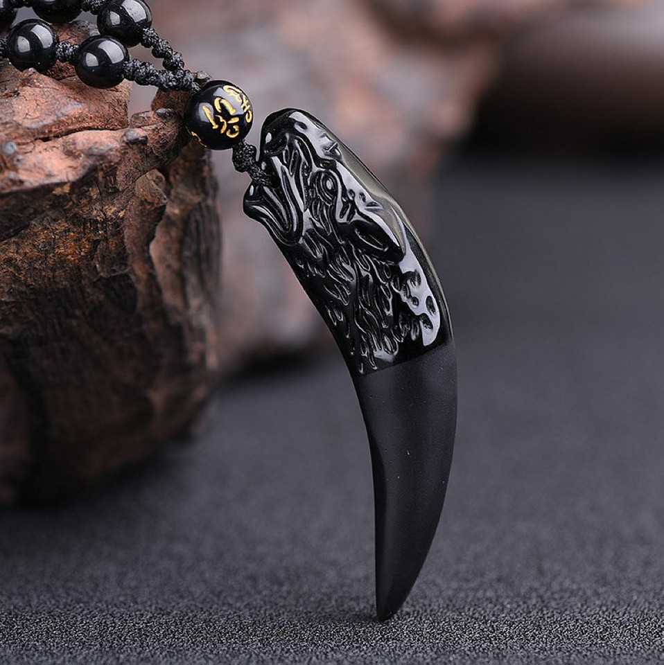 Natural black Obsidian Crystal Wolf Tooth Necklace pendant bead with ...