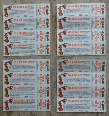16 - BALTIMORE ORIOLES - HIT & RUN CLUB TICKETS - 1990'S - 4 SHEETS OF ...
