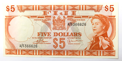 1974 $5 Fiji Five Dollar Uncirculated Banknote A/5366626 Devils Serial ...