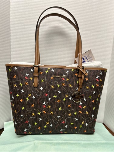 MICHAEL KORS JET SET BROWN MULTI AIRPLANE PRINT MEDIUM CARRYALL TOTE ...