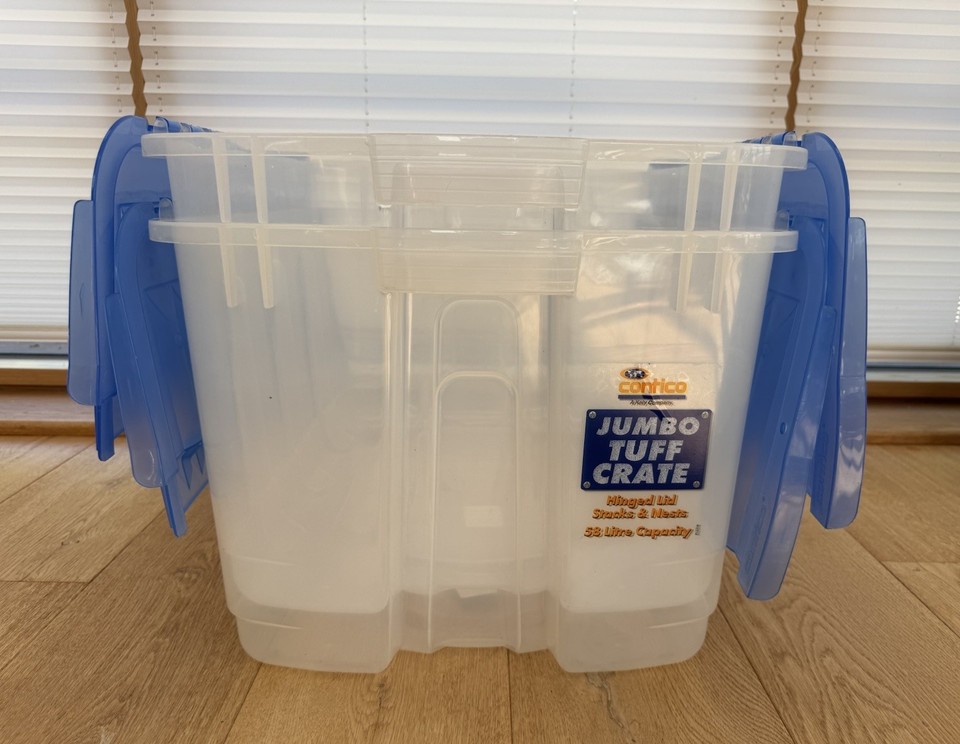 2 x Contico Jumbo Tuff Crate, 58L, Hinged Lid Stacks & Nests Storage ...