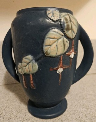 6" Roseville Art Pottery Reproduction Blue Fuchsia Double Handled Vase ...