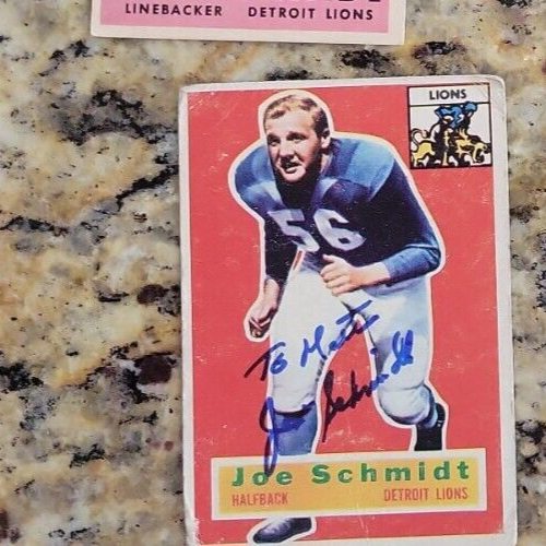 JOE SCHMIDT autograph football card 1956 Topps #44 auto Detroit Lions ...