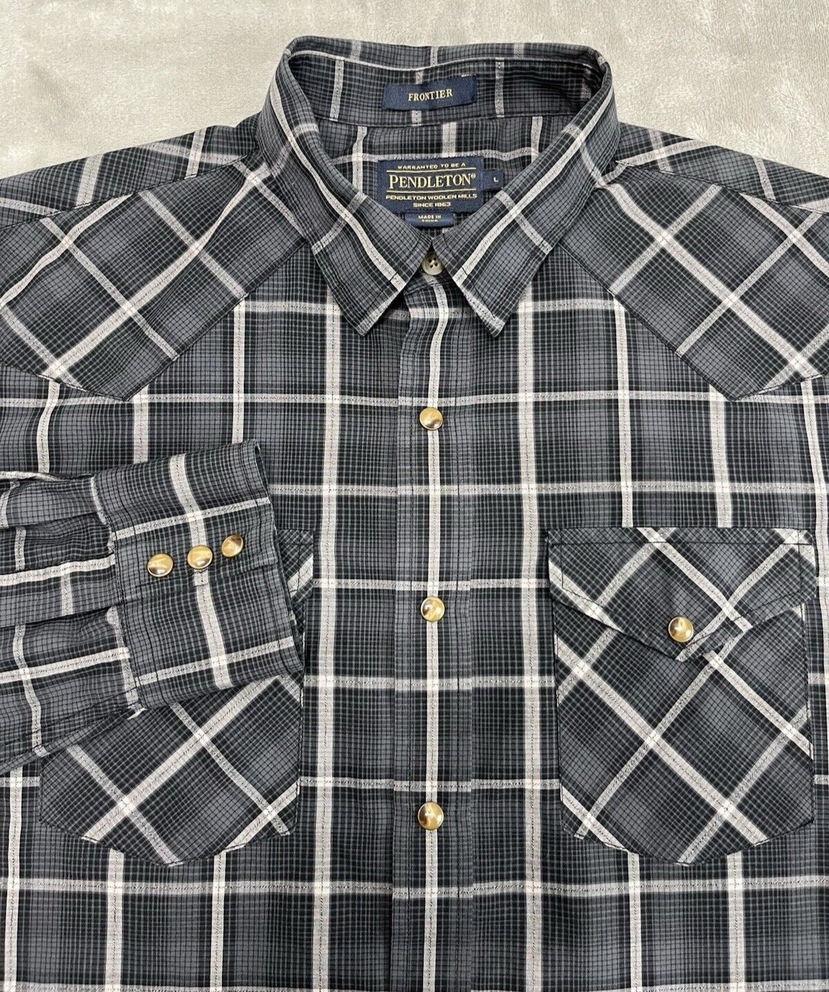 Pendleton Shirt Men L Black Plaid Frontier Herringbo… - Gem