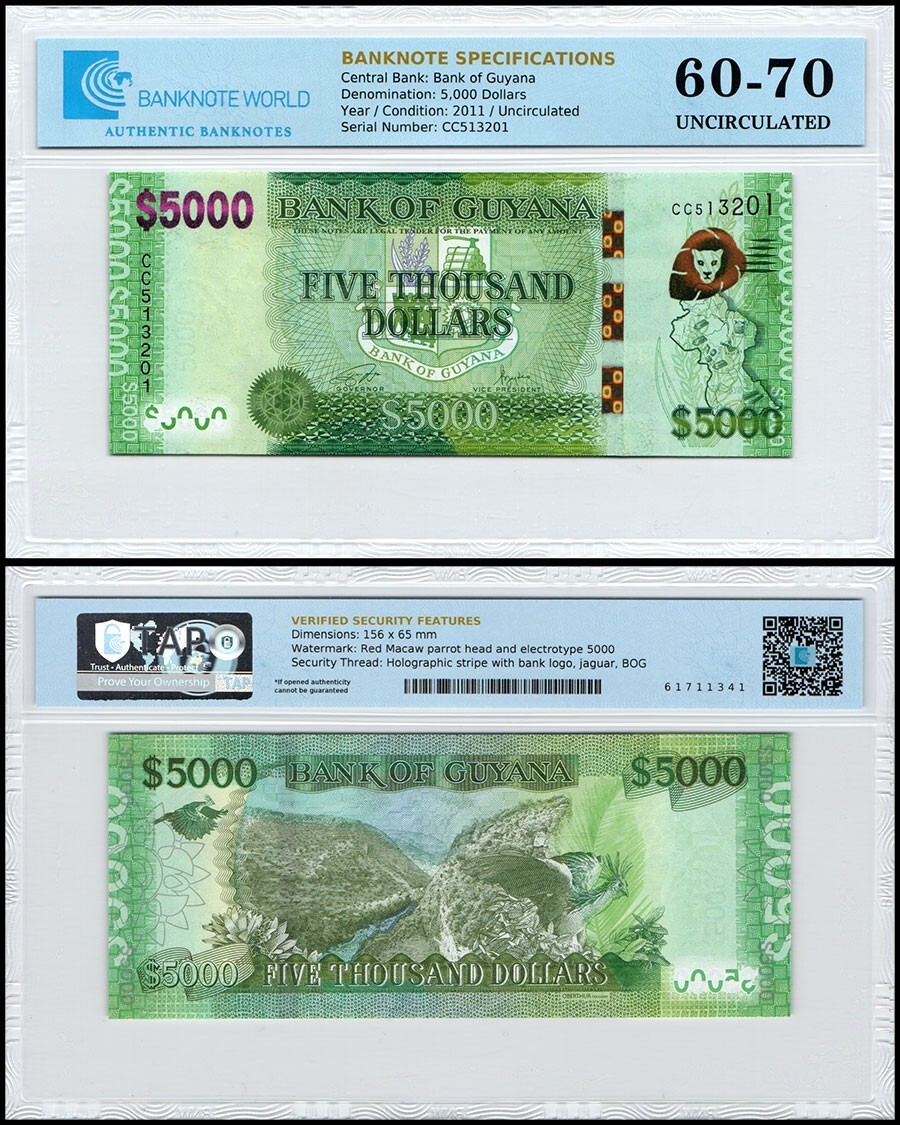 Guyana 5000 Dollars, 2011-2022 ND, P-40a.3, UNC, Authenticated Banknote ...