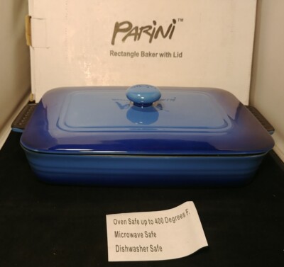 Parini Deep Covered Baker Nonstick Glazed Blue Ceramic Stoneware Brand ...