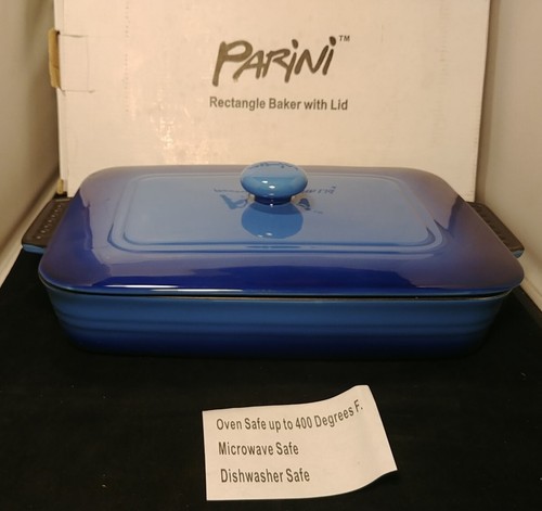 Parini Deep Covered Baker Nonstick Glazed Blue Ceramic Stoneware Brand ...
