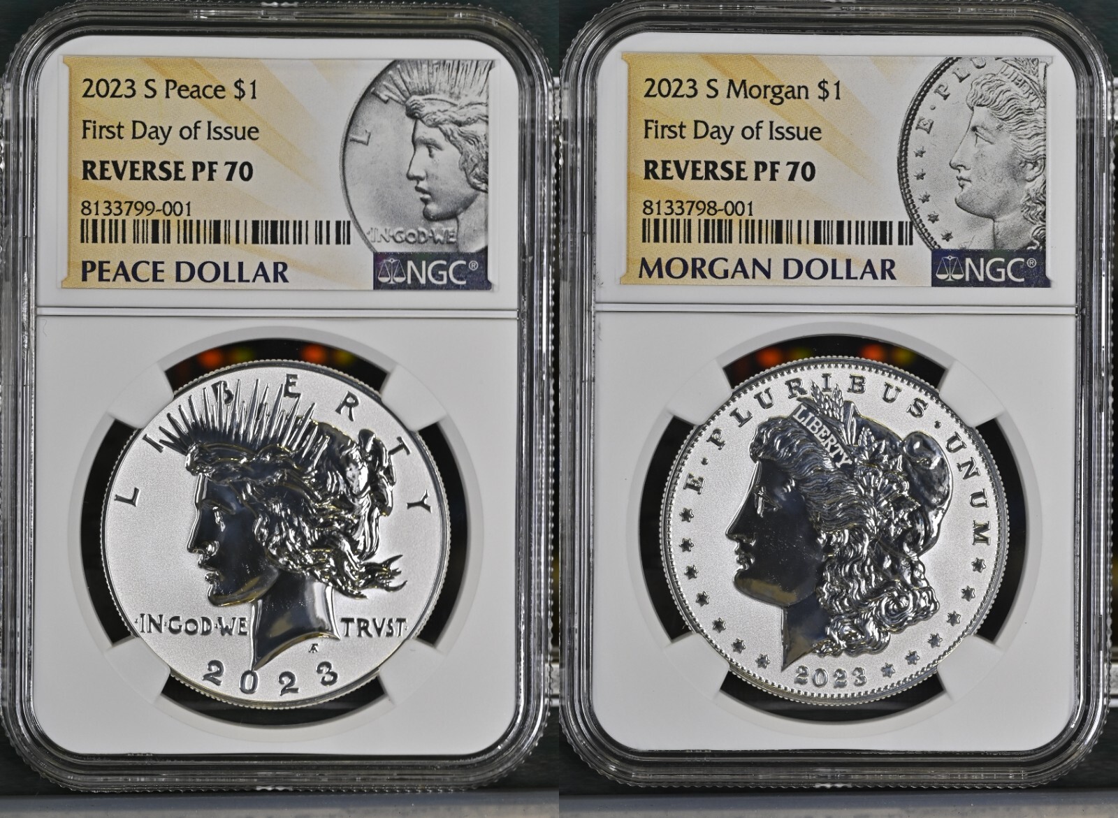 2023-S Reverse Proof $1 Morgan and Peace Dollar 2pc Set NGC PF70 FDI In ...