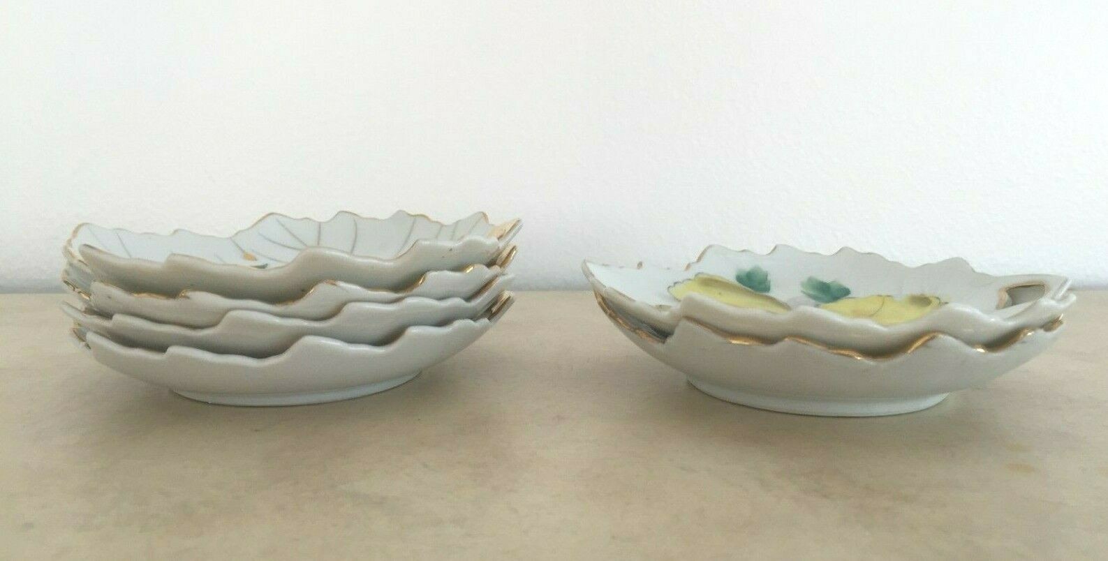 Japanese Trinket Dish Set of 6 Leaf Shape Hand Painted Floral Gilded ...